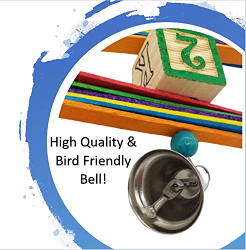 Tropical Chickens Chewing Stick with Wood Block Toy - Multicolored Natural Eco-Friendly Enrichment Toy with Bell for Bird Enrichment Conure Lovebird Cockatiels Small and Medium Birds