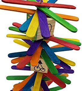 Tropical Chickens Chewing Stick with Wood Block Toy - Multicolored Natural Eco-Friendly Enrichment Toy with Bell for Bird Enrichment Conure Lovebird Cockatiels Small and Medium Birds