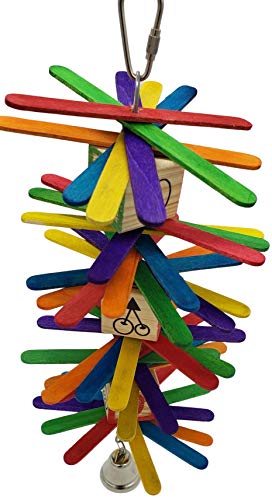 Tropical Chickens Chewing Stick with Wood Block Toy - Multicolored Natural Eco-Friendly Enrichment Toy with Bell for Bird Enrichment Conure Lovebird Cockatiels Small and Medium Birds