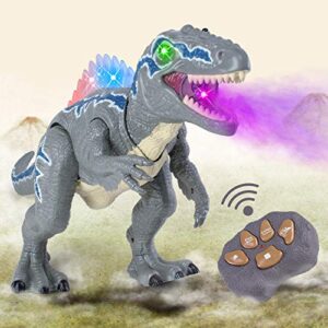 wesprex remote control walking dinosaur t-rex with water mist spray, led light up eyes & back, roaring sound, realistic tyrannosaurus, toy for boys kids girls ages 3 4 5 6 7 year old - blue