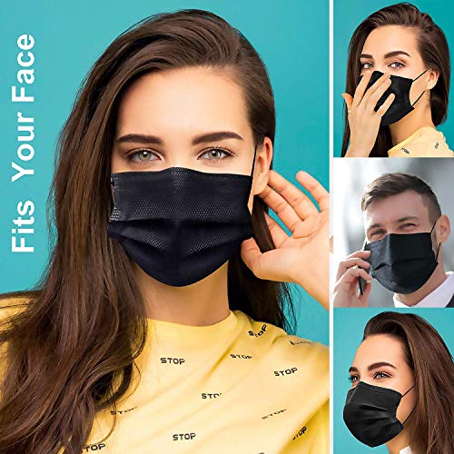 SuperHC 50 Pcs Graphene Protective Masks, Black Disposable Face Mask, Breathable 3-Layer Non-Woven Facemask, Lightweight Dust Protection Facial Masks for Adult Men Women Office Outdoor