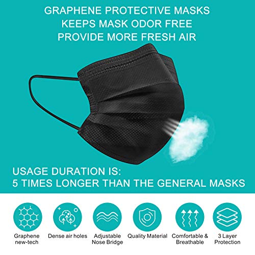 SuperHC 50 Pcs Graphene Protective Masks, Black Disposable Face Mask, Breathable 3-Layer Non-Woven Facemask, Lightweight Dust Protection Facial Masks for Adult Men Women Office Outdoor