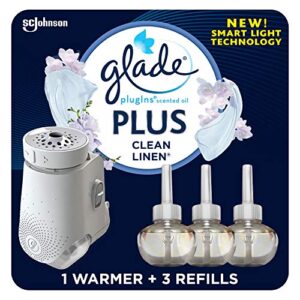 glade plugin plus air freshener starter kit, scented oil for home and bathroom, clean linen, 2.01 fl oz, 1 warmer + 3 refills