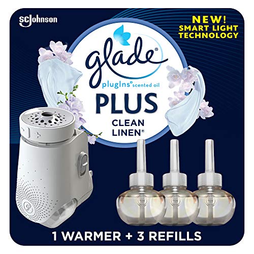 Glade PlugIn Plus Air Freshener Starter Kit, Scented Oil for Home and Bathroom, Clean Linen, 2.01 Fl Oz, 1 Warmer + 3 Refills