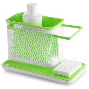 kitchen sponge holder for sink - kitchen sink caddy - sink organizer with brush dispenser holder and drain pan tray - dish sponge holder – dual use sponge brush soap dish holder with rag rack