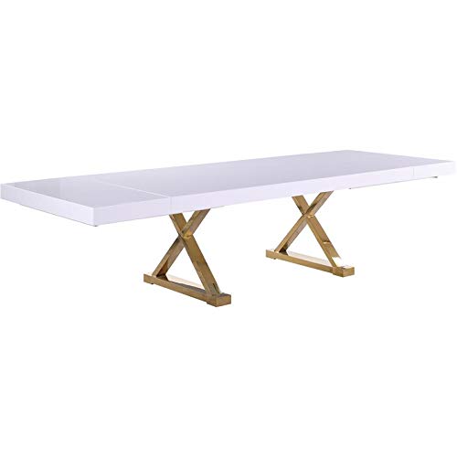 Meridian Furniture 994-T Excel Collection Modern | Contemporary Extendable 2 Leaf Dining Table with Durable Stainless Steel Base, 84"/123.5" W x 43.25" D x 31" H, White