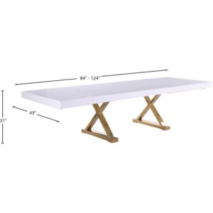 Meridian Furniture 994-T Excel Collection Modern | Contemporary Extendable 2 Leaf Dining Table with Durable Stainless Steel Base, 84"/123.5" W x 43.25" D x 31" H, White