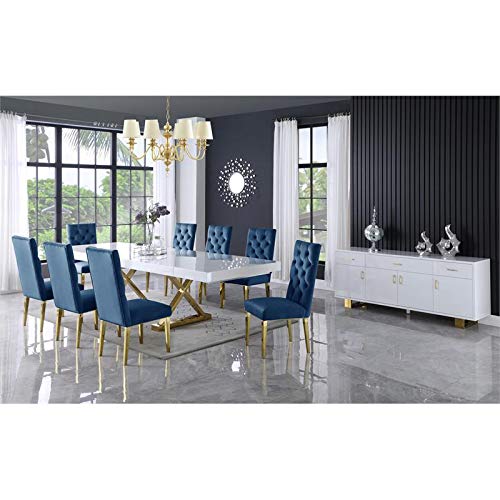 Meridian Furniture 994-T Excel Collection Modern | Contemporary Extendable 2 Leaf Dining Table with Durable Stainless Steel Base, 84"/123.5" W x 43.25" D x 31" H, White