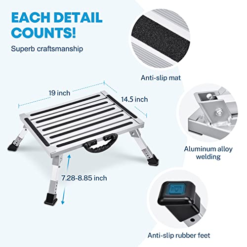 Kohree RV Step Stool, 19" x 14.5" Adjustable Height Extra Large Aluminum Folding Platform Step with Non-Slip Rubber Feet, Portable Handle, Stable RV T Level, Up to 1000 lbs