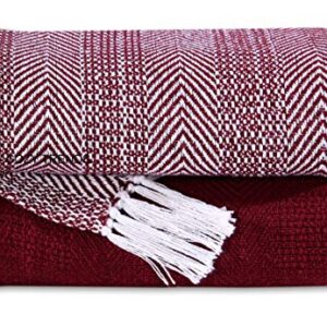 Cotton Hand Woven Soft Cozy Warm Throw Blankets Set of 2 50x60 Inches All Season Light Weight Couch Chair Bed Decorative Herringbone Weave (Burgundy)