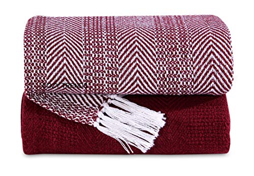 Cotton Hand Woven Soft Cozy Warm Throw Blankets Set of 2 50x60 Inches All Season Light Weight Couch Chair Bed Decorative Herringbone Weave (Burgundy)