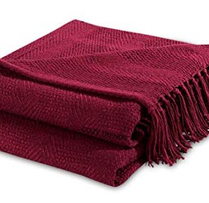 Cotton Hand Woven Soft Cozy Warm Throw Blankets Set of 2 50x60 Inches All Season Light Weight Couch Chair Bed Decorative Herringbone Weave (Burgundy)