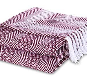 Cotton Hand Woven Soft Cozy Warm Throw Blankets Set of 2 50x60 Inches All Season Light Weight Couch Chair Bed Decorative Herringbone Weave (Burgundy)