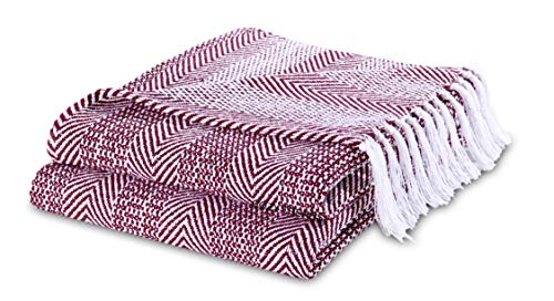 Cotton Hand Woven Soft Cozy Warm Throw Blankets Set of 2 50x60 Inches All Season Light Weight Couch Chair Bed Decorative Herringbone Weave (Burgundy)