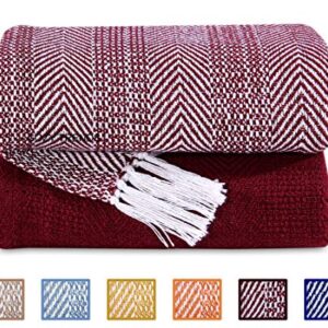 Cotton Hand Woven Soft Cozy Warm Throw Blankets Set of 2 50x60 Inches All Season Light Weight Couch Chair Bed Decorative Herringbone Weave (Burgundy)