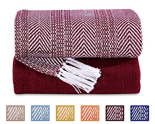 Cotton Hand Woven Soft Cozy Warm Throw Blankets Set of 2 50x60 Inches All Season Light Weight Couch Chair Bed Decorative Herringbone Weave (Burgundy)