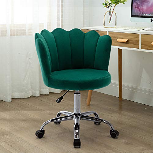 Goujxcy Cute Desk Chair, Modern Velvet Vanity Makeup Chair, 360° Swivel Height Adjustable Comfy Accent Chair Rolling Chair for Home Office Bedroom Living Room (Green)