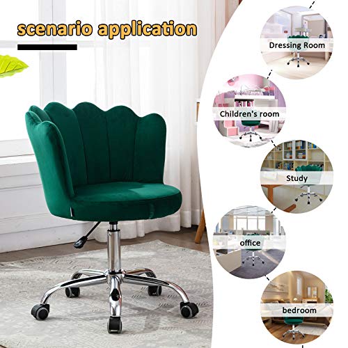 Goujxcy Cute Desk Chair, Modern Velvet Vanity Makeup Chair, 360° Swivel Height Adjustable Comfy Accent Chair Rolling Chair for Home Office Bedroom Living Room (Green)