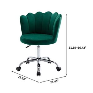 Goujxcy Cute Desk Chair, Modern Velvet Vanity Makeup Chair, 360° Swivel Height Adjustable Comfy Accent Chair Rolling Chair for Home Office Bedroom Living Room (Green)