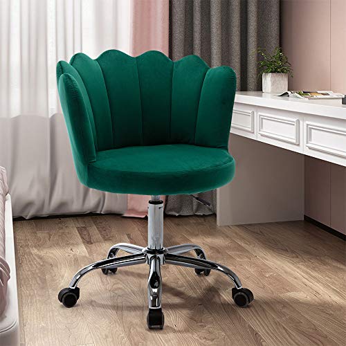 Goujxcy Cute Desk Chair, Modern Velvet Vanity Makeup Chair, 360° Swivel Height Adjustable Comfy Accent Chair Rolling Chair for Home Office Bedroom Living Room (Green)