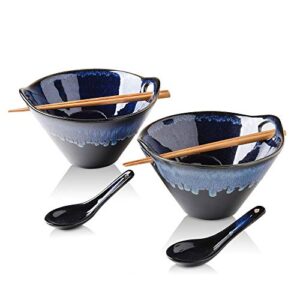 koov porcelain ramen bowls and spoons set of 2 - japanese ramen noodle bowl with chopsticks and spoons, 26 ounce deep pho bowl, reactive glaze (blue galaxy)