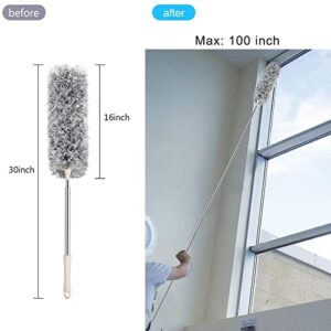 RMAI Microfiber Duster with Extension Pole(Stainless Steel), 100’’ Extra Long Extendable Cobweb Dusters, Bendable Scratch Resistant Duster for Cleaning High Ceiling Fan, Cars(Gray)