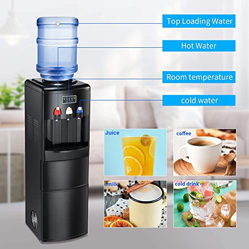 Antarctic Star 2-in-1 Water Cooler Dispenser with Built-in Ice Maker, Freestanding Hot Cold Top Loading Water Dispenser, 2, 3 or 5 Gallon Bottle with Child Safety Lock (Black)