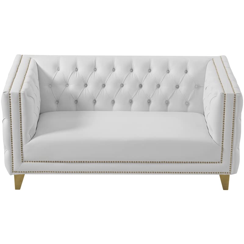 Meridian Furniture 651White-L Michelle Collection Modern | Contemporary Loveseat with Deep Button Tufting, Nailhead Trim and Sturdy Gold Iron Legs, 66" W x 34" D x 30" H, White