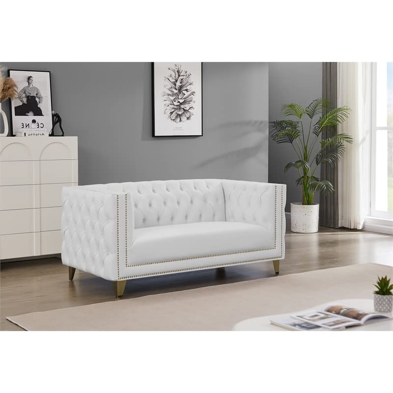 Meridian Furniture 651White-L Michelle Collection Modern | Contemporary Loveseat with Deep Button Tufting, Nailhead Trim and Sturdy Gold Iron Legs, 66" W x 34" D x 30" H, White