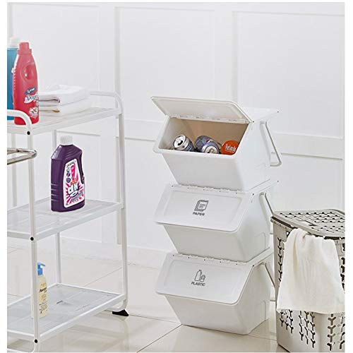 Withmolly Daily Stackable Organizer Stores Recycling Bin Container with Lid, Handle, Recycle Sticker Trash Bin Label, Tools and Toys, Handy Recycler, 3 Pack of Bins White