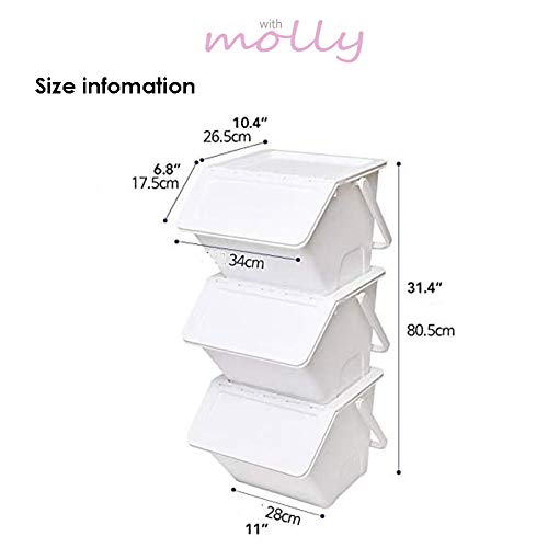 Withmolly Daily Stackable Organizer Stores Recycling Bin Container with Lid, Handle, Recycle Sticker Trash Bin Label, Tools and Toys, Handy Recycler, 3 Pack of Bins White