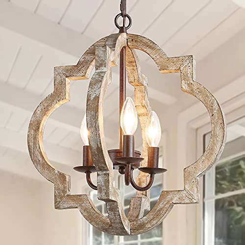 GEPOW Farmhouse Orb Chandelier, Pendant Lighting in Handmade Wood Finish, Globe Light Fixture for Kitchen Island, Dining & Living Room, Foyer and Bedroom