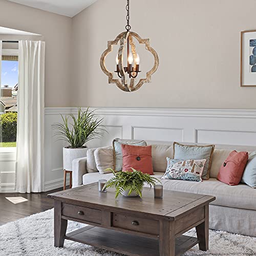 GEPOW Farmhouse Orb Chandelier, Pendant Lighting in Handmade Wood Finish, Globe Light Fixture for Kitchen Island, Dining & Living Room, Foyer and Bedroom