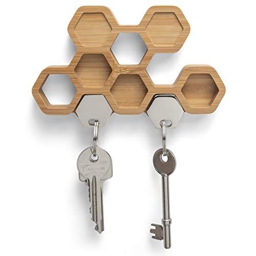 BU Products Honeycomb Magnetic Key Holder - A Unique Bamboo Wall Mounted Hook and Decorative Wooden Storage Rack (2 Keys)