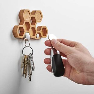 BU Products Honeycomb Magnetic Key Holder - A Unique Bamboo Wall Mounted Hook and Decorative Wooden Storage Rack (2 Keys)