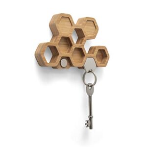 BU Products Honeycomb Magnetic Key Holder - A Unique Bamboo Wall Mounted Hook and Decorative Wooden Storage Rack (2 Keys)