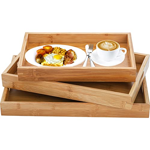 Jucoan 3 Pack Bamboo Serving Tray Kitchen Food Tray with Handles, Rectangle Wooden Food Serving Platters for Breakfast Dinner Snack Drinks, Large Medium & Small Serving Tray for Dinners Party, Tea Bar