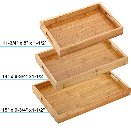 Jucoan 3 Pack Bamboo Serving Tray Kitchen Food Tray with Handles, Rectangle Wooden Food Serving Platters for Breakfast Dinner Snack Drinks, Large Medium & Small Serving Tray for Dinners Party, Tea Bar