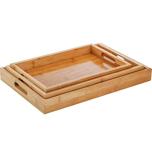 Jucoan 3 Pack Bamboo Serving Tray Kitchen Food Tray with Handles, Rectangle Wooden Food Serving Platters for Breakfast Dinner Snack Drinks, Large Medium & Small Serving Tray for Dinners Party, Tea Bar