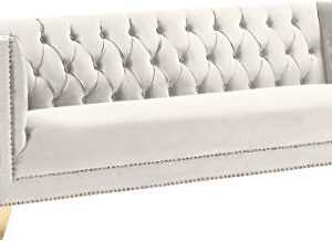 Meridian Furniture 652Cream-S Michelle Collection Modern | Contemporary Sofa with Deep Button Tufting, Nailhead Trim and Sturdy Gold Iron Legs, 90" W x 34" D x 30" H, Cream