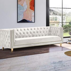 Meridian Furniture 652Cream-S Michelle Collection Modern | Contemporary Sofa with Deep Button Tufting, Nailhead Trim and Sturdy Gold Iron Legs, 90" W x 34" D x 30" H, Cream