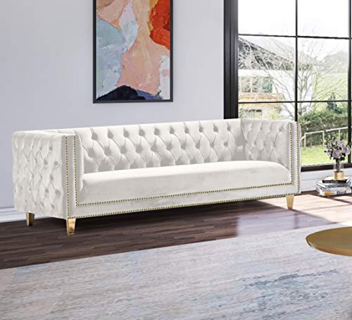 Meridian Furniture 652Cream-S Michelle Collection Modern | Contemporary Sofa with Deep Button Tufting, Nailhead Trim and Sturdy Gold Iron Legs, 90" W x 34" D x 30" H, Cream