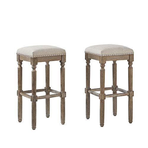 Ball & Cast Pub Height Bar Stools Upholstered Pub Stool Weathered Oak finish 30"H, Taupe Fabric 2-Pack