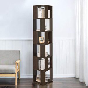 homesailing wooden rotating bookcase shelves floor freestanding for living room corner, slim 6 tiers unit storage display rack tall bookshelf kids bedroom small space (dark walnut)