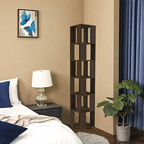 HomeSailing Wooden Rotating Bookcase Shelves Floor Freestanding for Living Room Corner, Slim 6 Tiers Unit Storage Display Rack Tall Bookshelf Kids Bedroom Small Space (Dark Walnut)