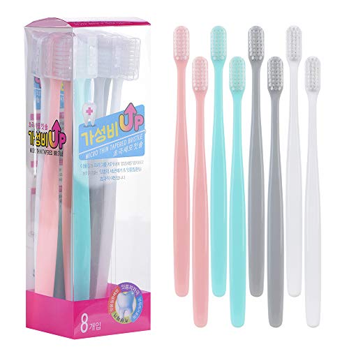 Pack of 8 Ultra Soft Toothbrush with Micro Thin Tapered Bristle - Made in Korea (4 Colors)