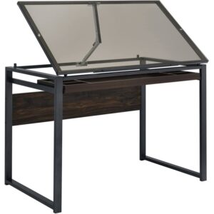 coaster furniture pantano glass top dark gunmetal and chestnut drafting desk 805571