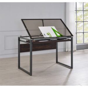 Coaster Furniture Pantano Glass Top Dark Gunmetal and Chestnut Drafting Desk 805571