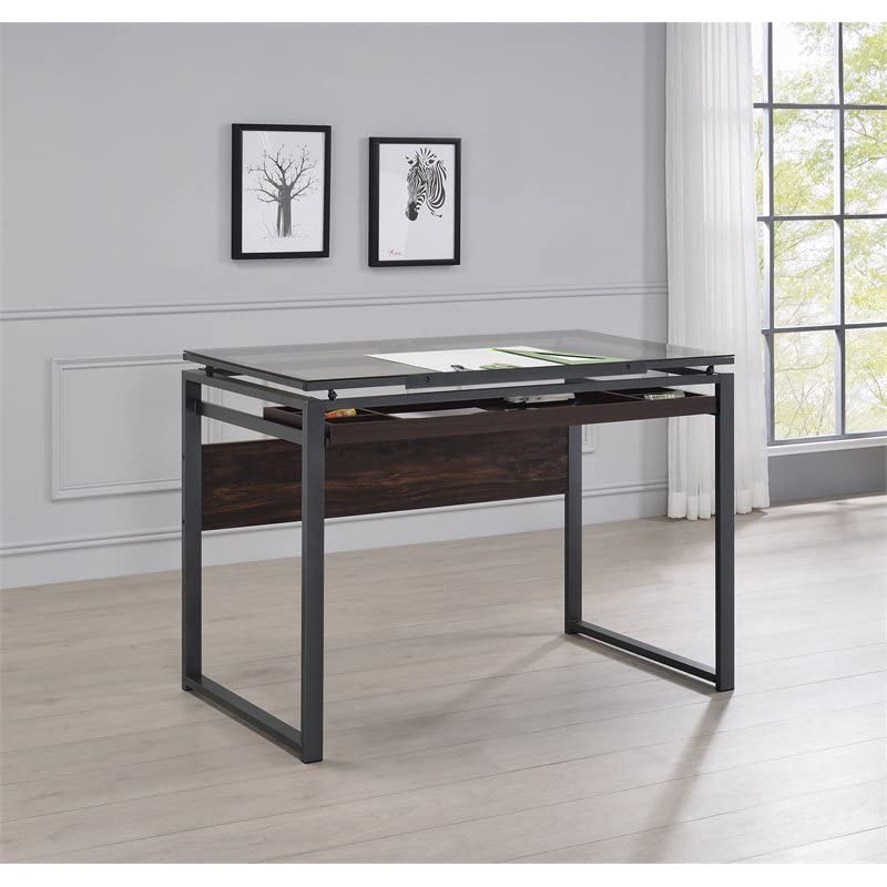 Coaster Furniture Pantano Glass Top Dark Gunmetal and Chestnut Drafting Desk 805571