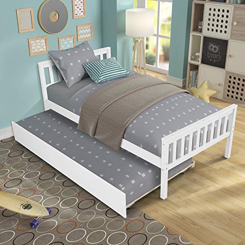 Twin Platform Bed with Trundle, Solid Wood Bed Frame with Headboard, Footboard for Teens Boys Girls,No Box Spring Needed (White)